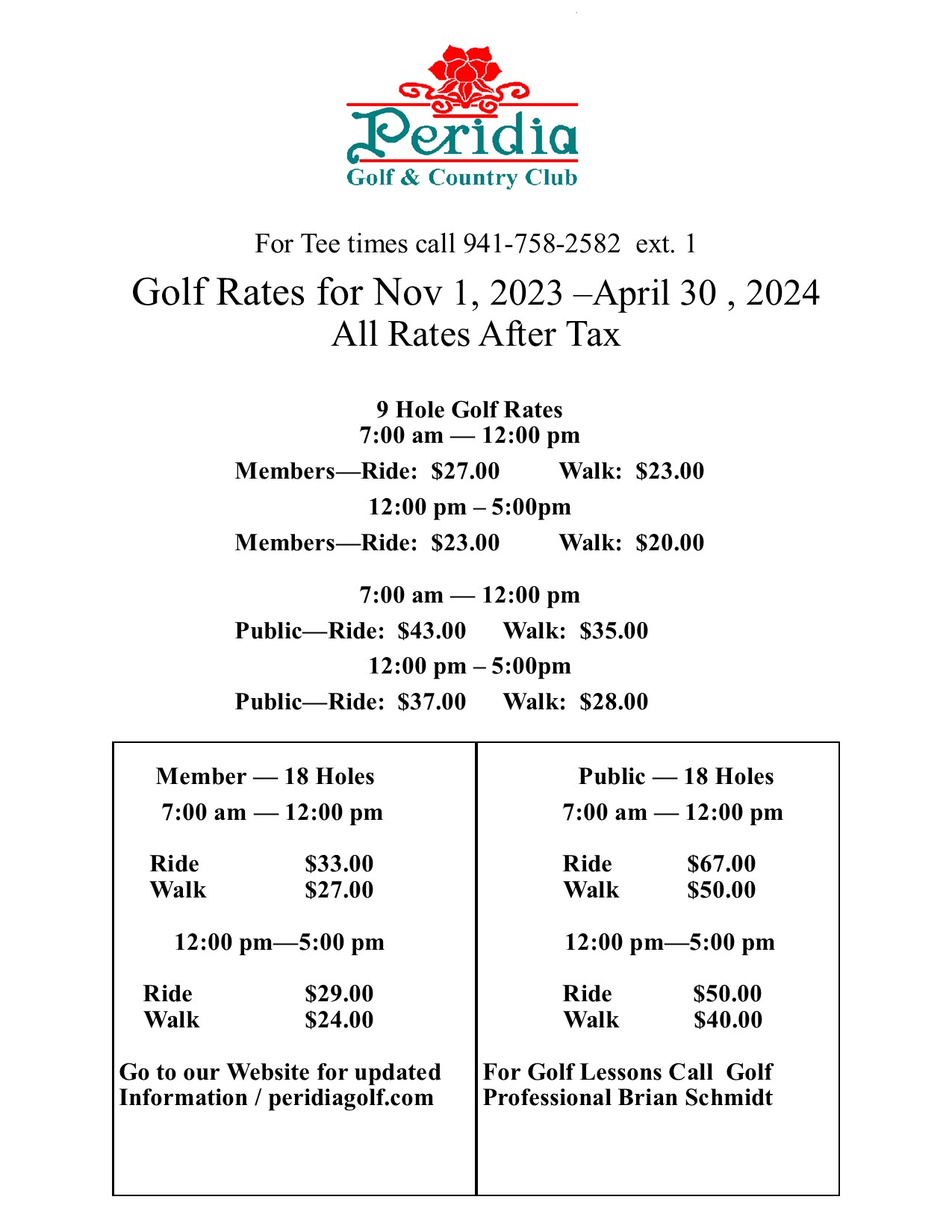 Rates - Peridia Golf & Country Club